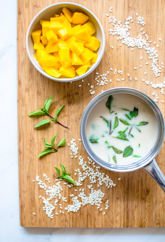 Thai Basil-Infused Coconut Rice Pudding with Mango
