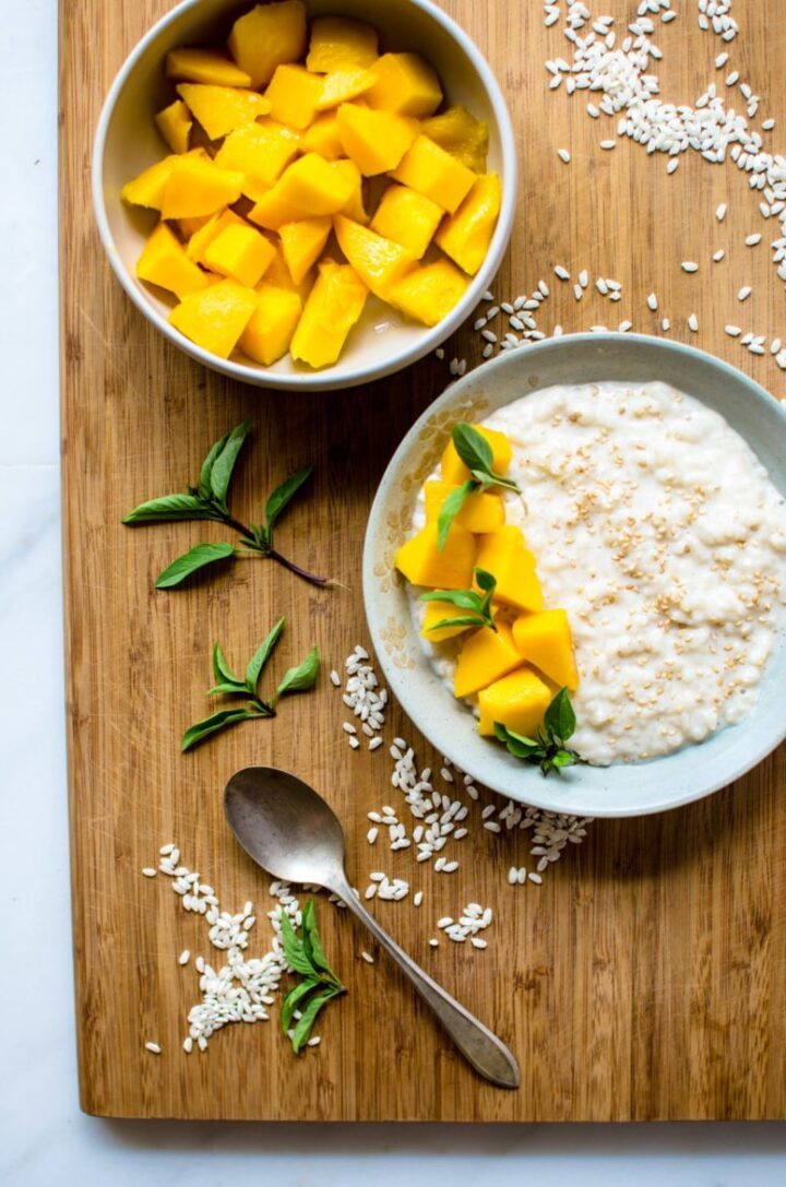 Thai Basil-Infused Coconut Rice Pudding with Mango