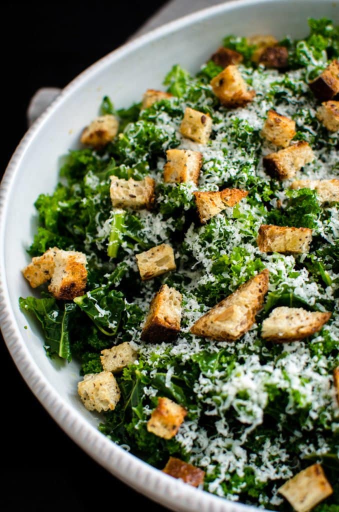 Simple Kale Salad with Lemon Vinaigrette and Italian Croutons